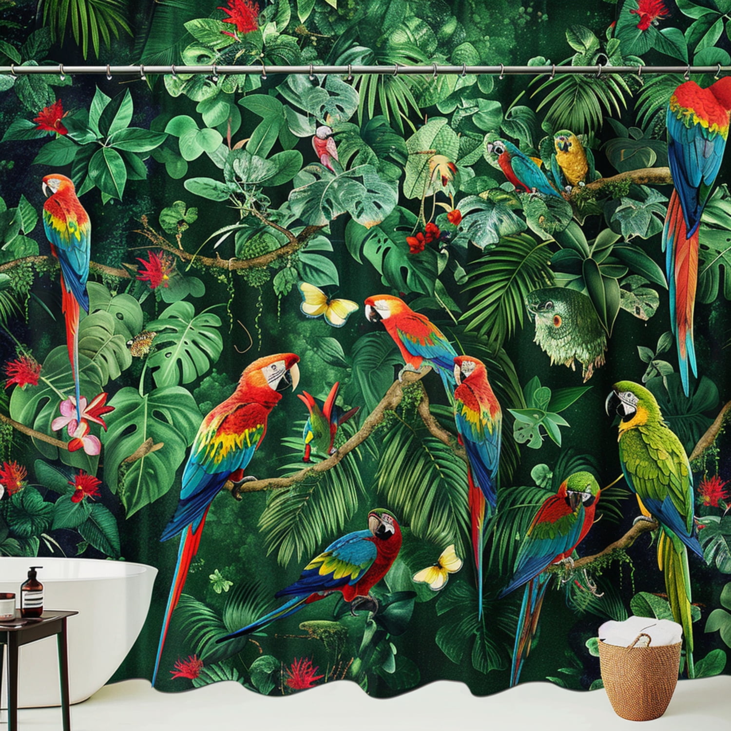 Lush Tropical Rainforest Shower Curtain Set Exotic Birds Vibrant