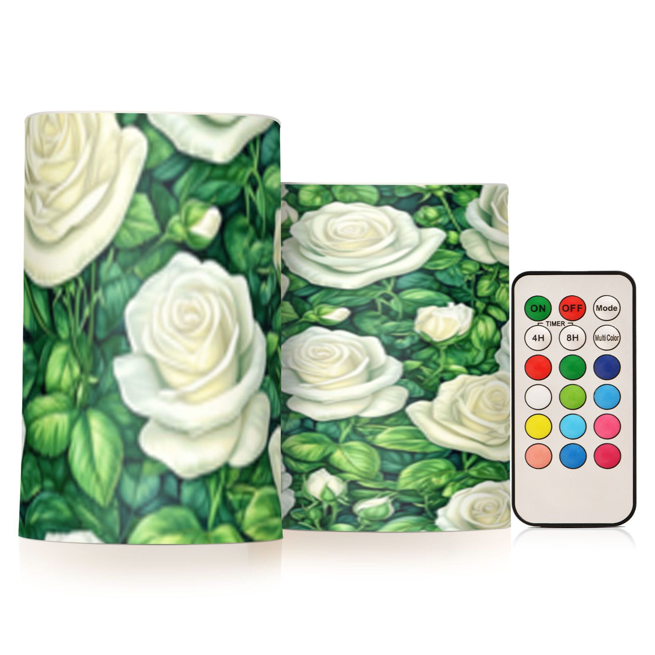 Lush White Roses with Green Leaves Flickering Flameless Candles Battery ...