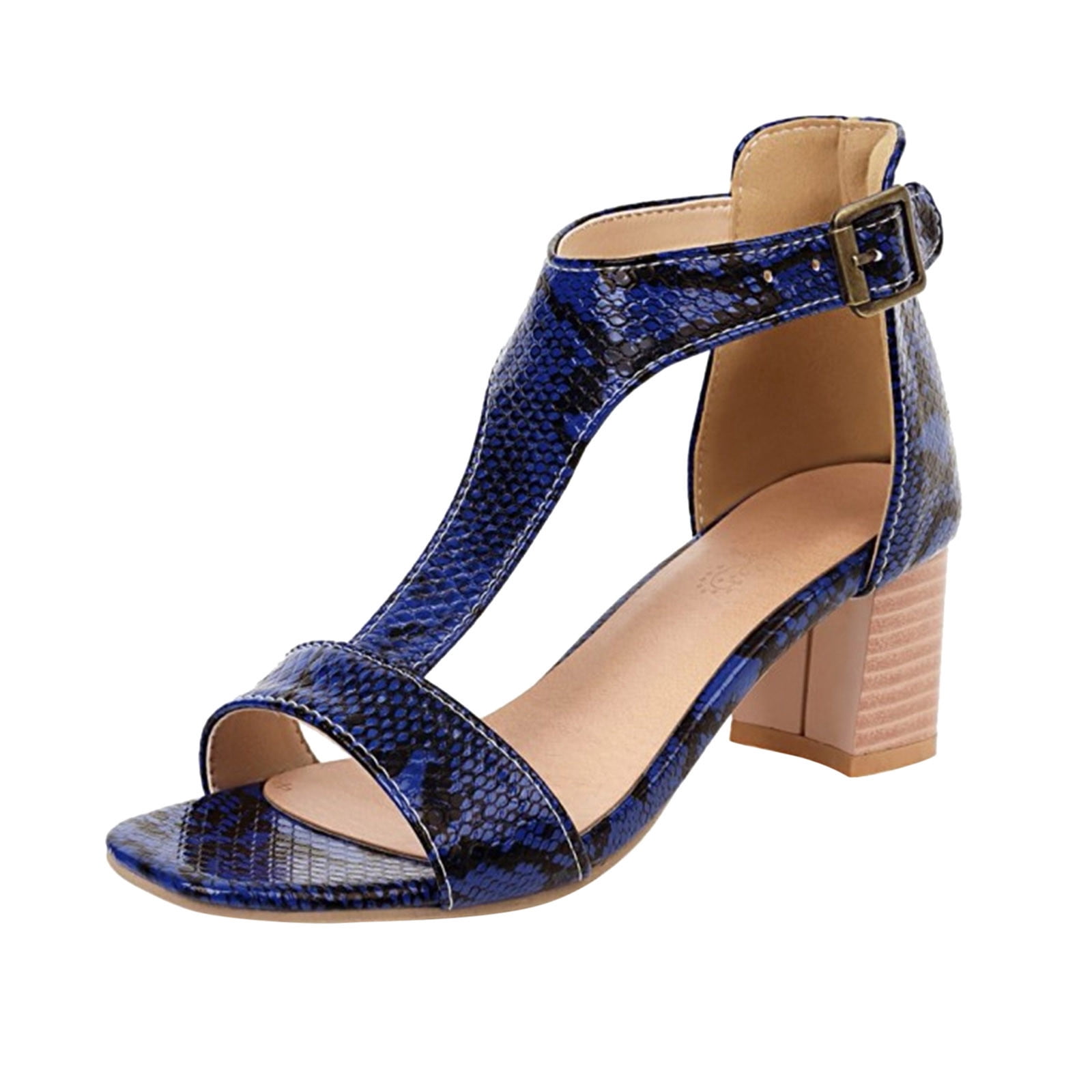 Lushas Ladies Fashion Snakeskin Leather Open Toe T Shaped Buckle Thick ...