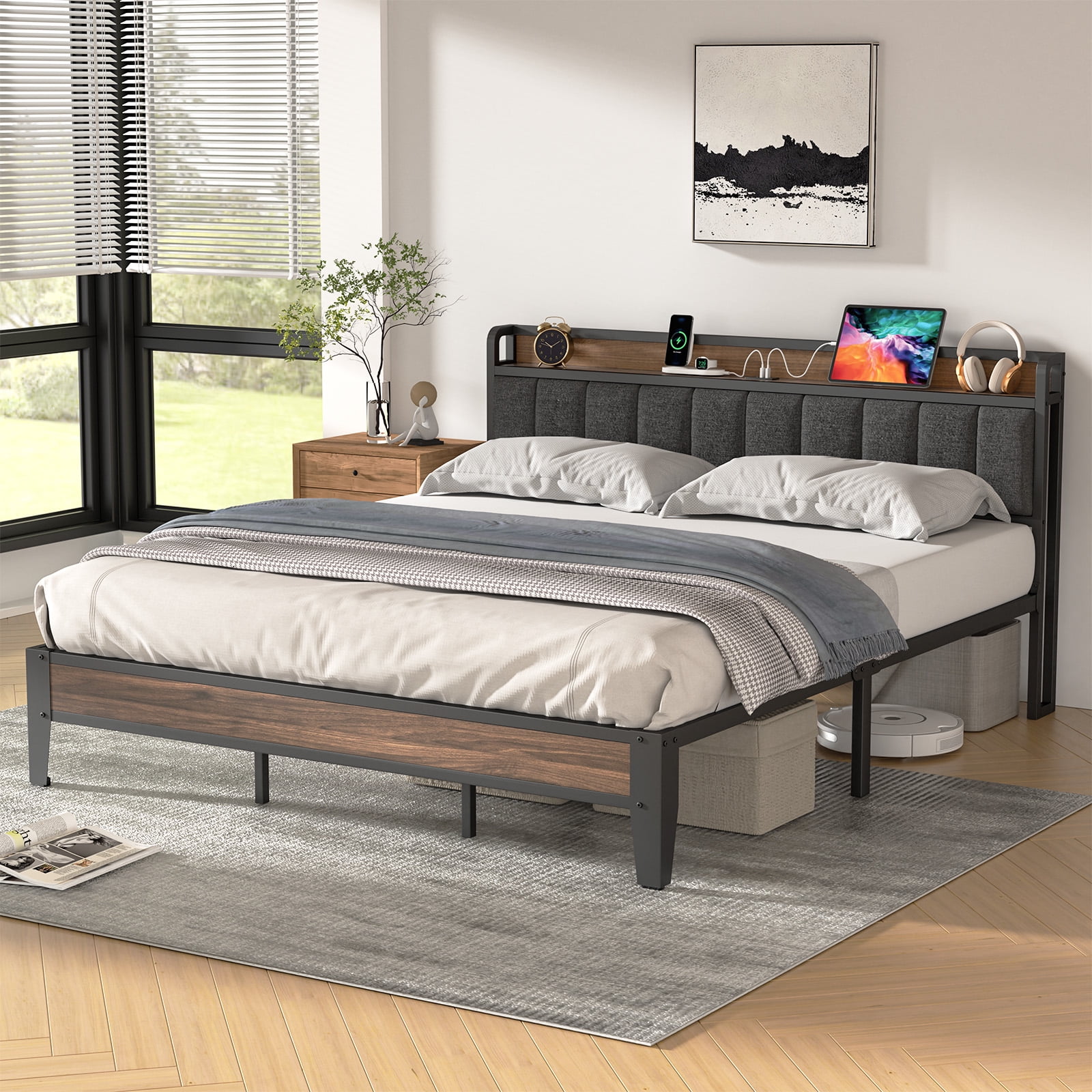 Lusimo California King Bed Frame with Headboard and Charging Station ...