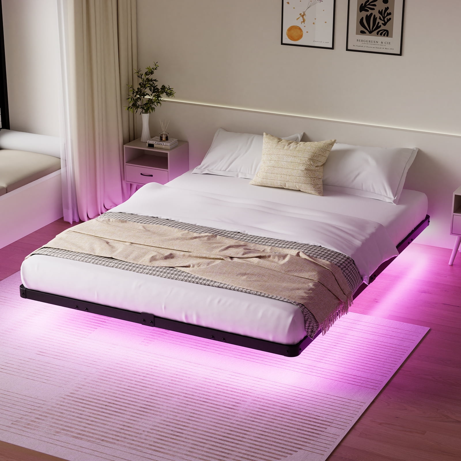 Lusimo Queen Size Floating Bed Frame with LED Lights and Mattress Slip ...