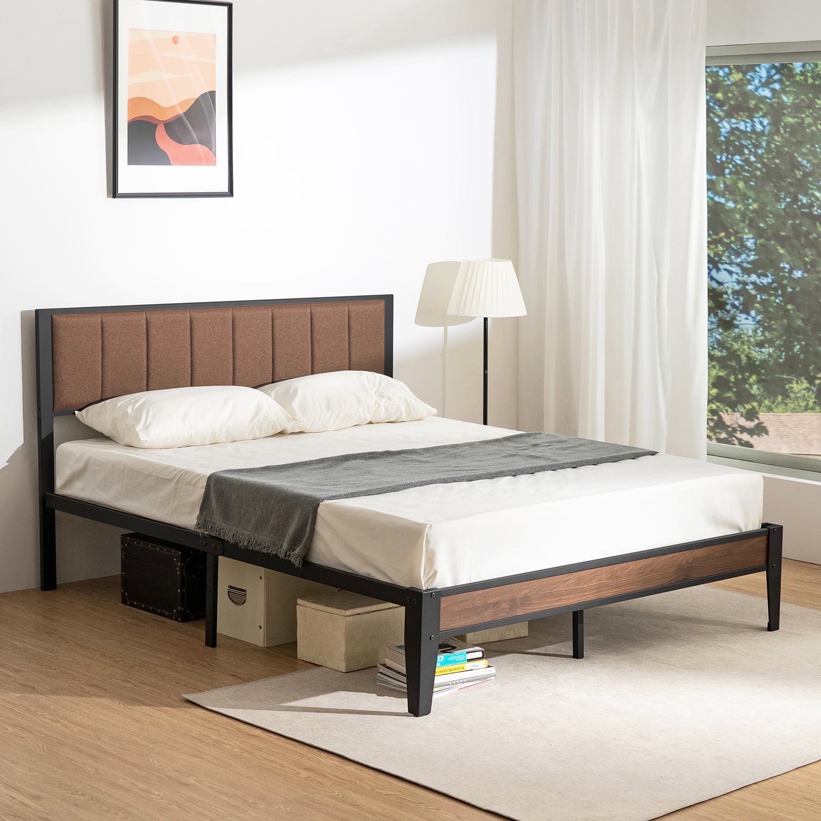 Lusimo Full Bed Frame with Soft Fabric Upholstered Headboard, Metal ...