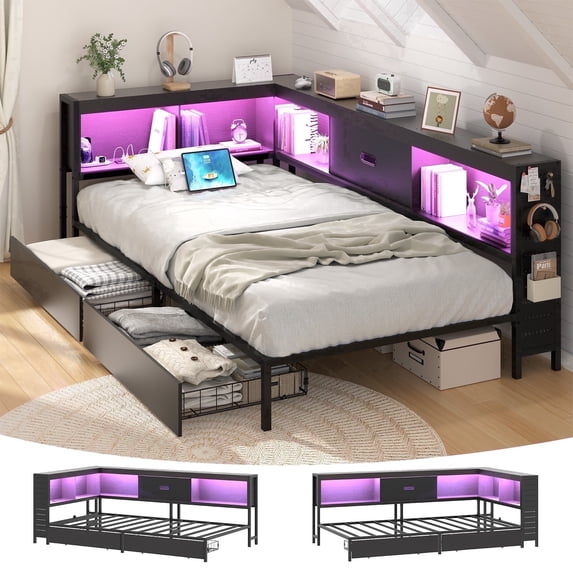 Lusimo Twin Corner Bed Frame with Storage, LED Lights, Charging Station ...