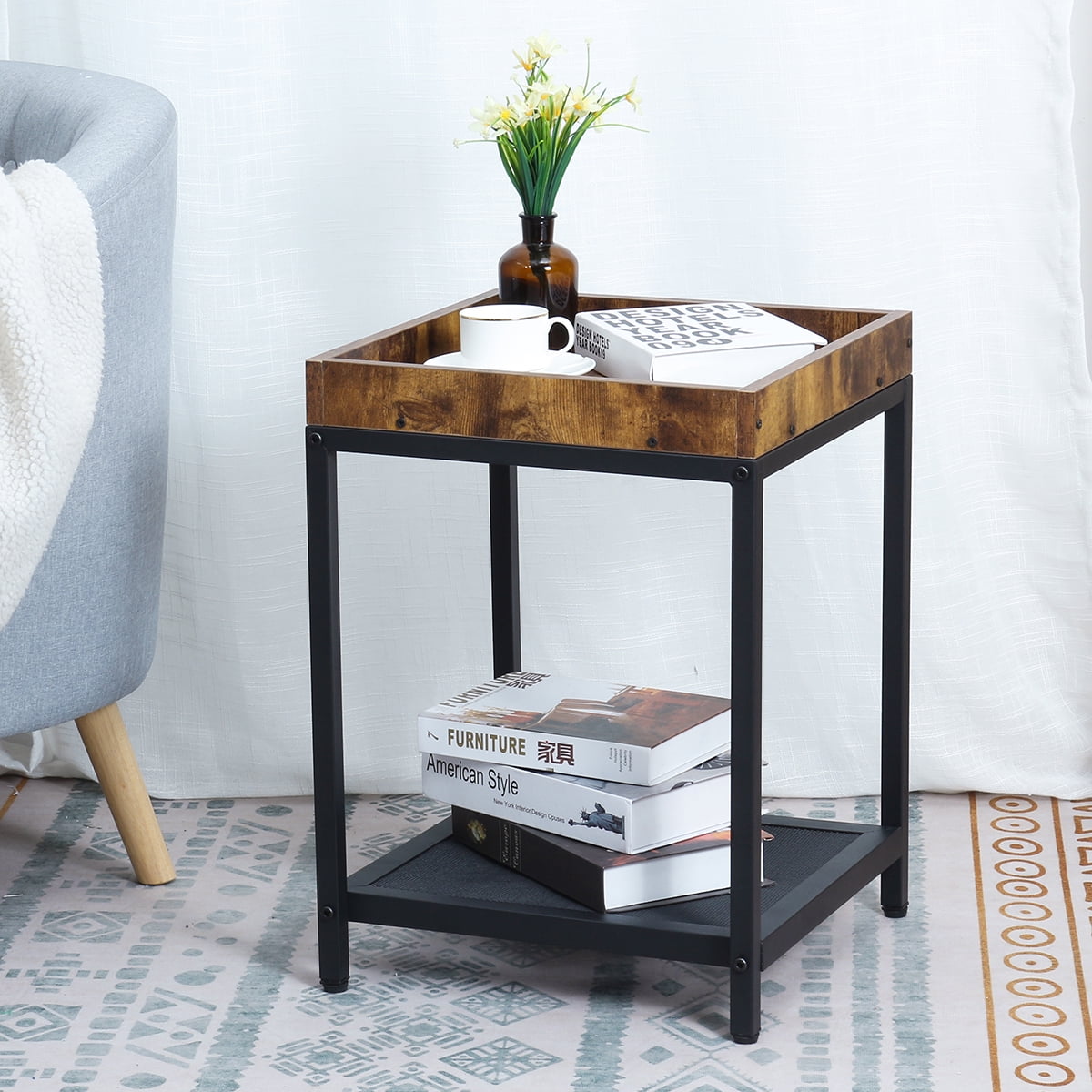 Lusimo Square Coffee Table for Small Space, 2-Tier with Mesh Storage ...