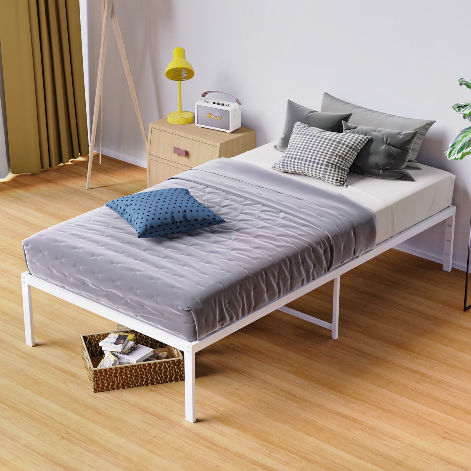 Lusimo Twin Metal Bed Frame 14in, White, Heavy Duty, Anti-Slip, Easy ...