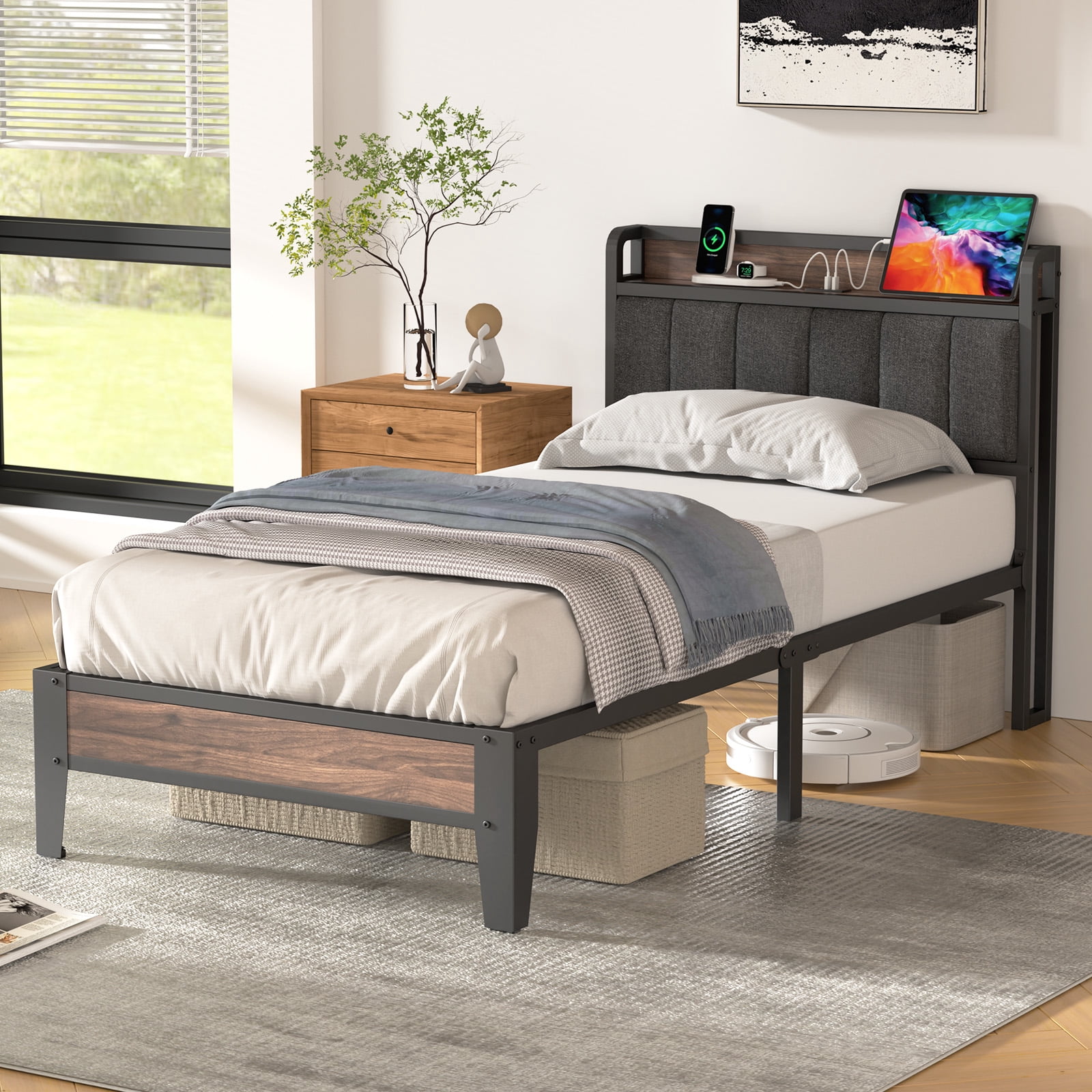 Lusimo Twin XL Bed Frame with Headboard and Charging Station, Modern ...
