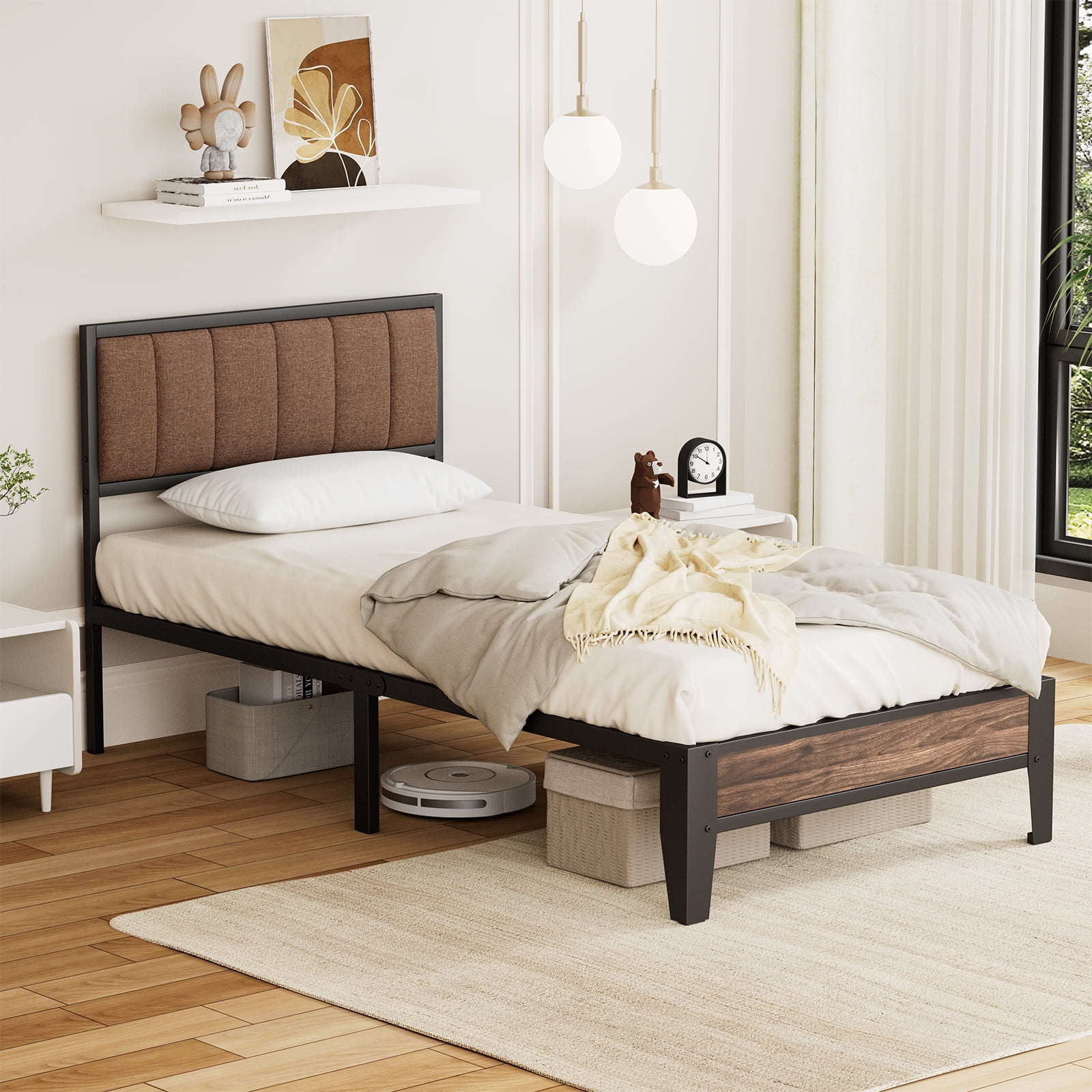 Lusimo Twin XL Platform Metal Bed Frame with Upholstered Headboard and Under Bed Storage No Box Spring Needed Brown