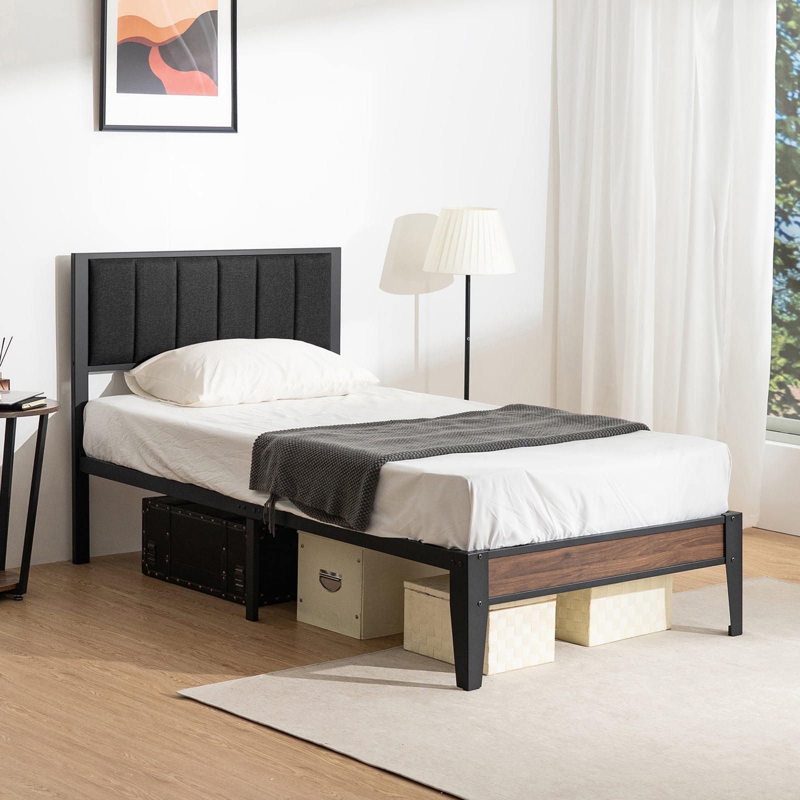 Lusimo Twin XL Bed Frame with Soft Fabric Upholstered Headboard, Metal ...