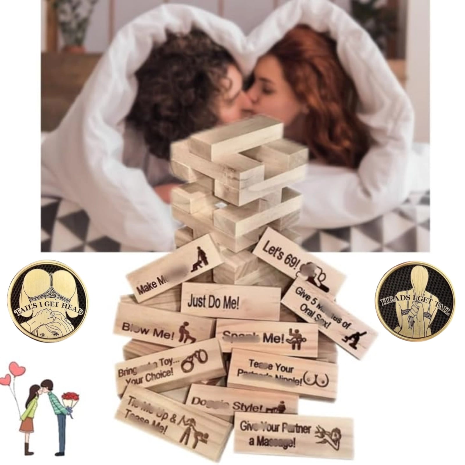 Lust Tower Blocks, 48Pcs Wooden Tumble Tower Game Couples Games for Adults with Heads or Tails ...