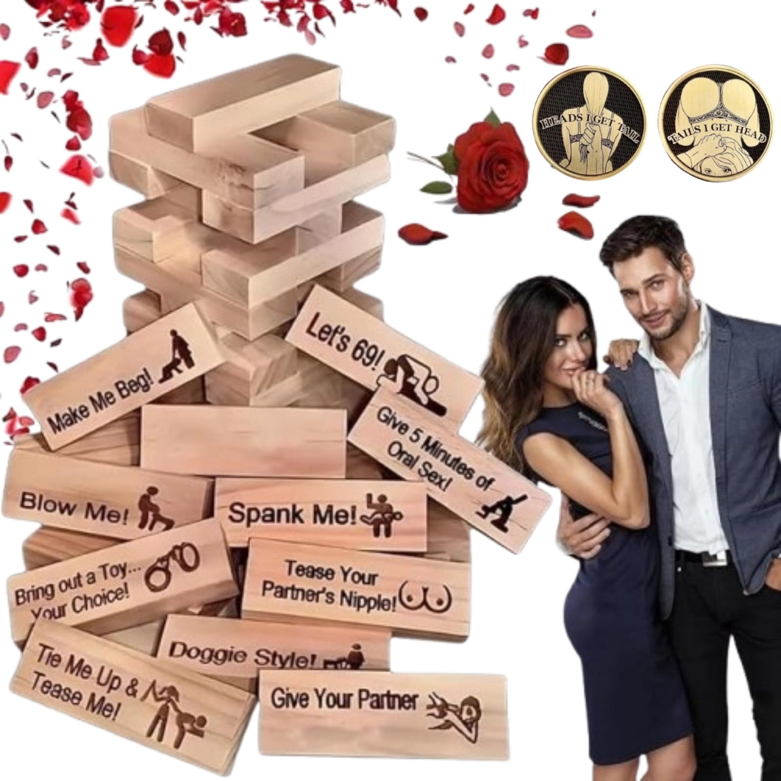 Lust Tower Blocks, 48Pcs Wooden Tumble Tower Game Couples Games for Adults with Heads or Tails ...
