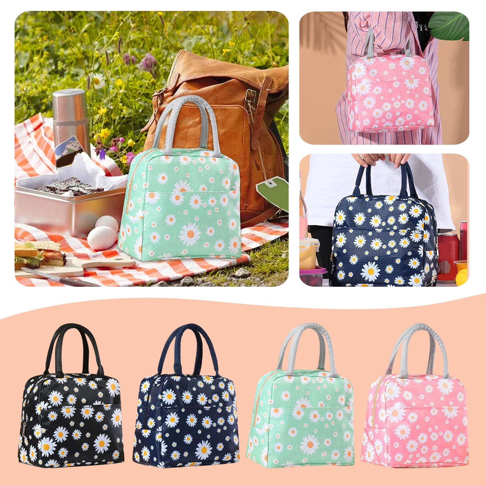 Lusxy Lunch Box for Women Work with Chic Floral Daisy Pattern, Canvas ...