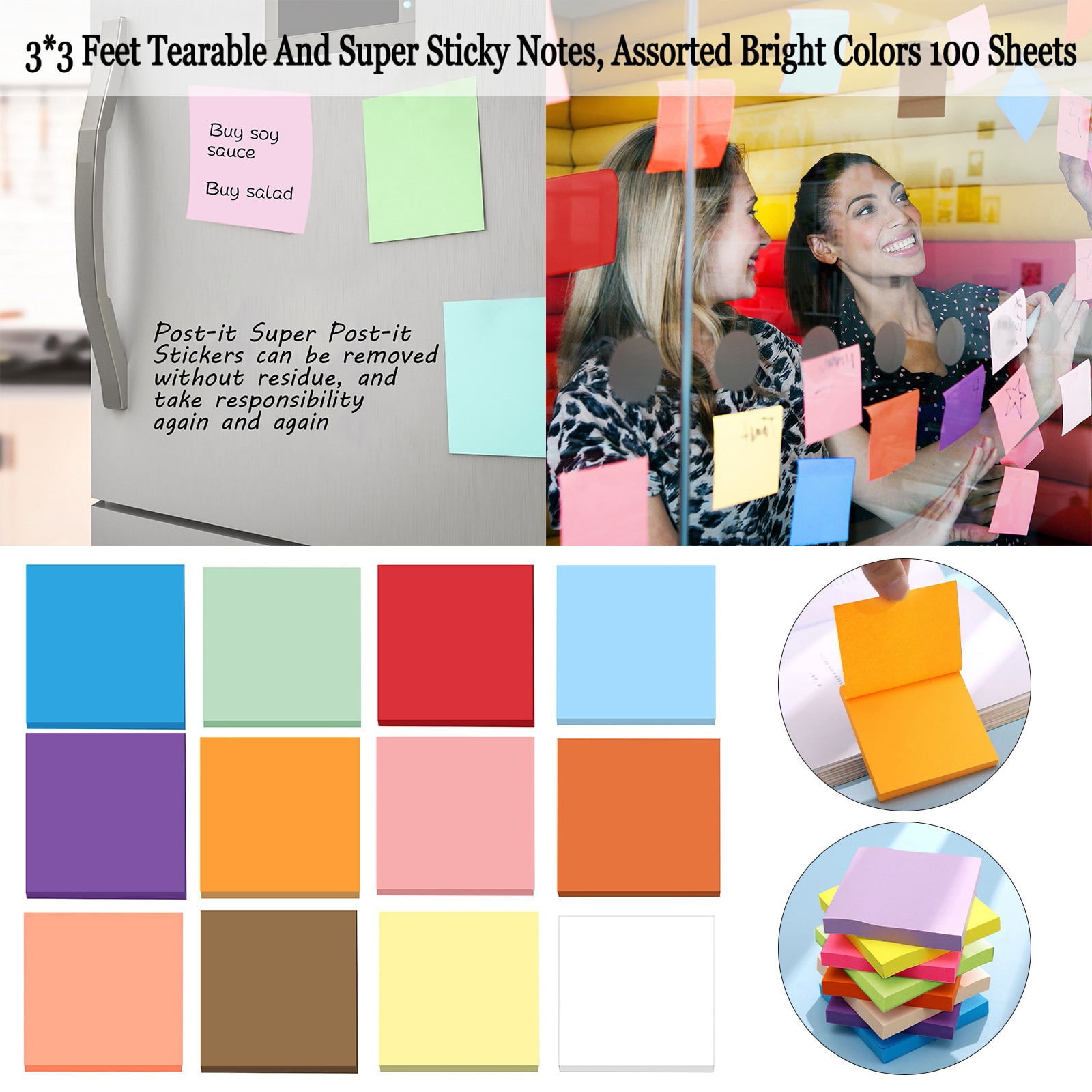 Lusxy Tearable Sticky Notes 3X3 Pop Up Self-Stick Notes Pads , Easy To ...