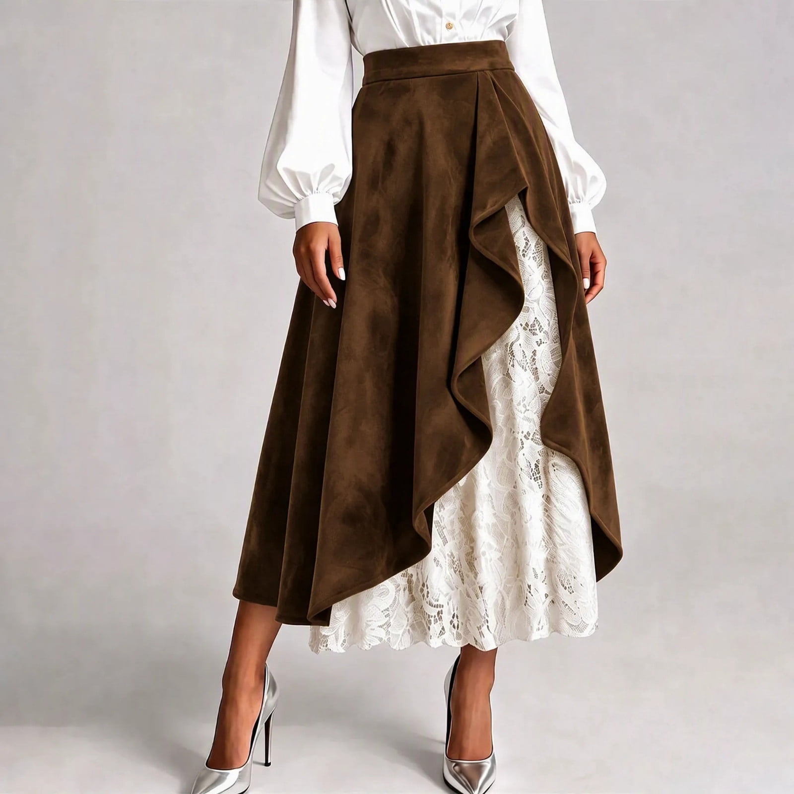 Lutiedan Faux Suede Skirt for Women Ruffle Overlay Lace Layered A Line ...
