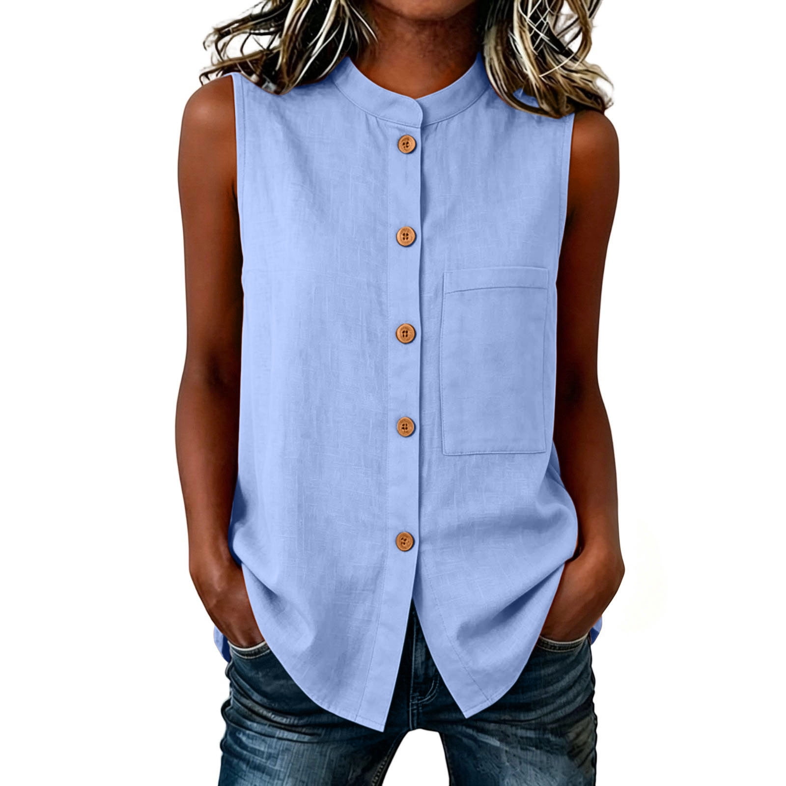 Lutiedan Women's Sleeveless Tank Tops Summer Crew Neck Button Down Tops ...