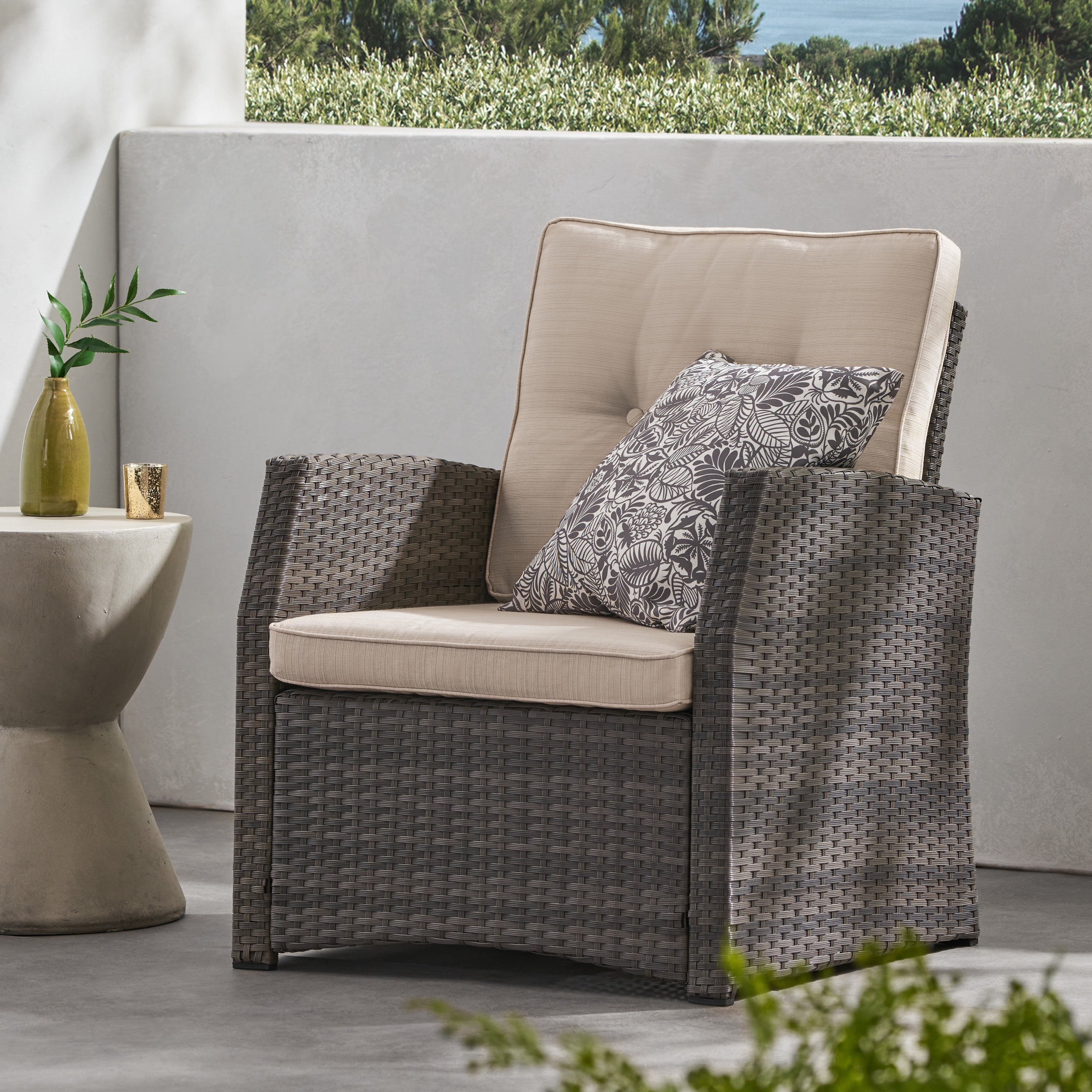 Luton Wicker Outdoor Club Chair with Cushions, Gray and Beige - Walmart.com