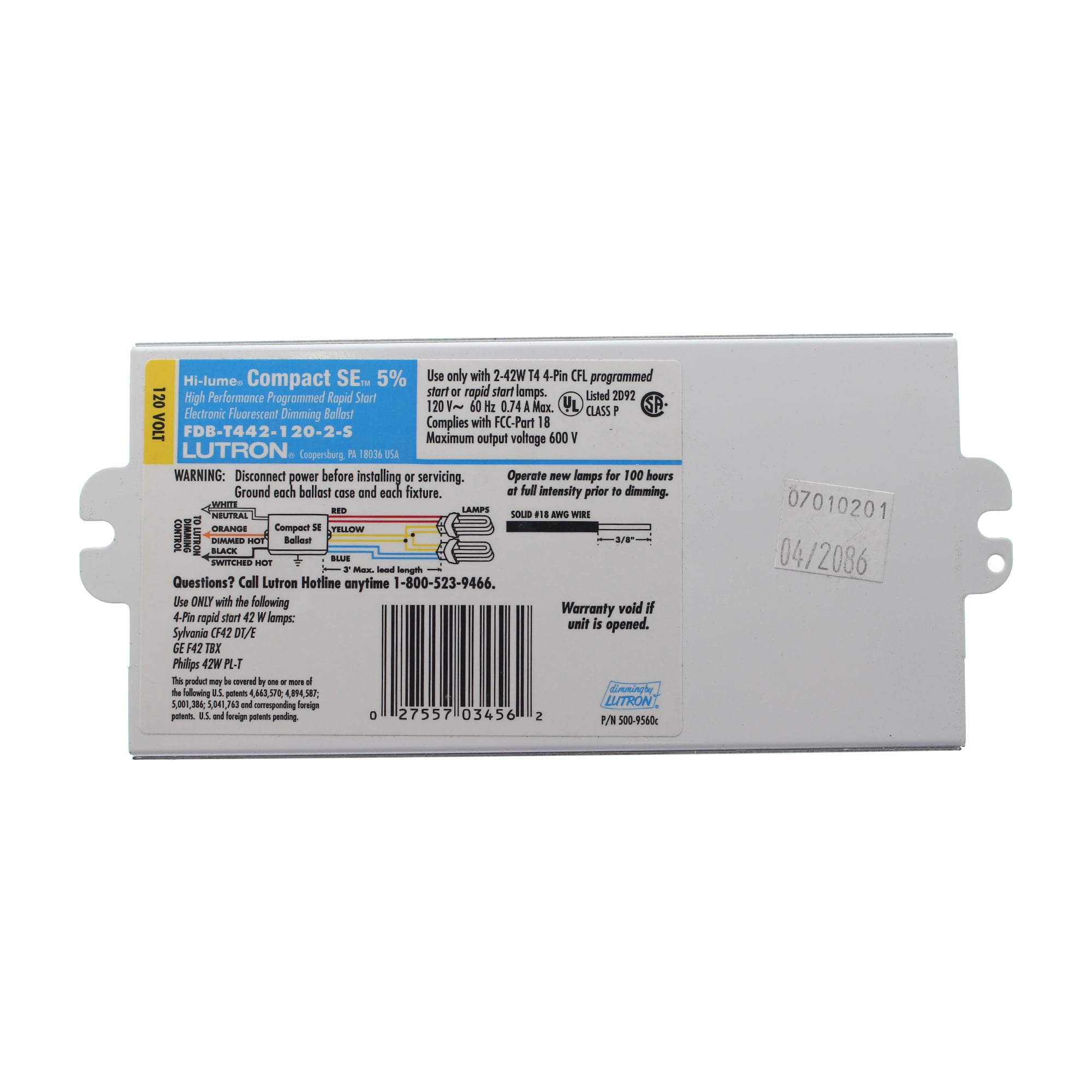 Lutron FDB-T442-120-2-S Fluorescent Dimming Ballast, 2-Lamp, CFL 4-Pin ...