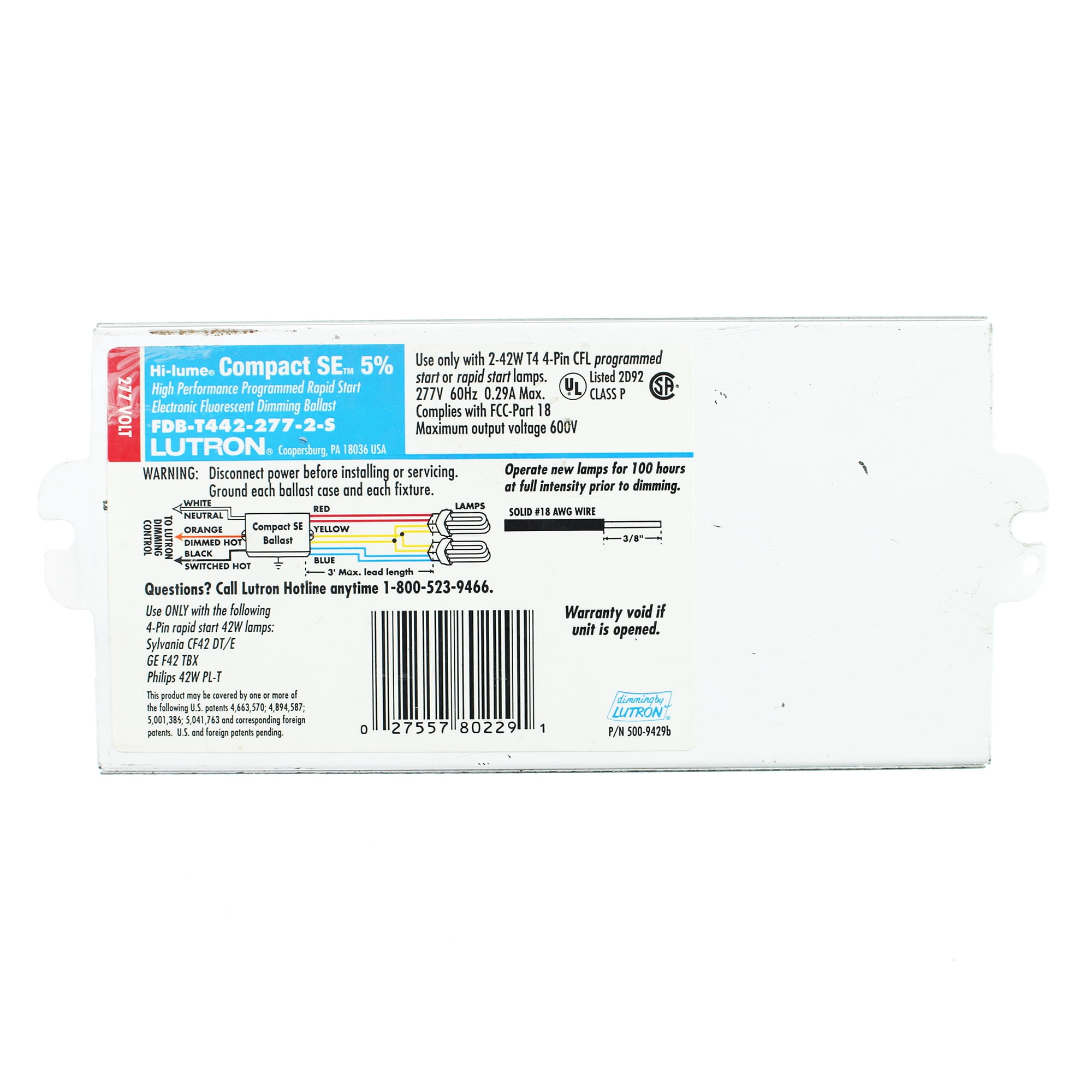 Lutron FDB-T442-277-2-S Compact SE 5% Fluorescent Dimming Ballast, CFL ...