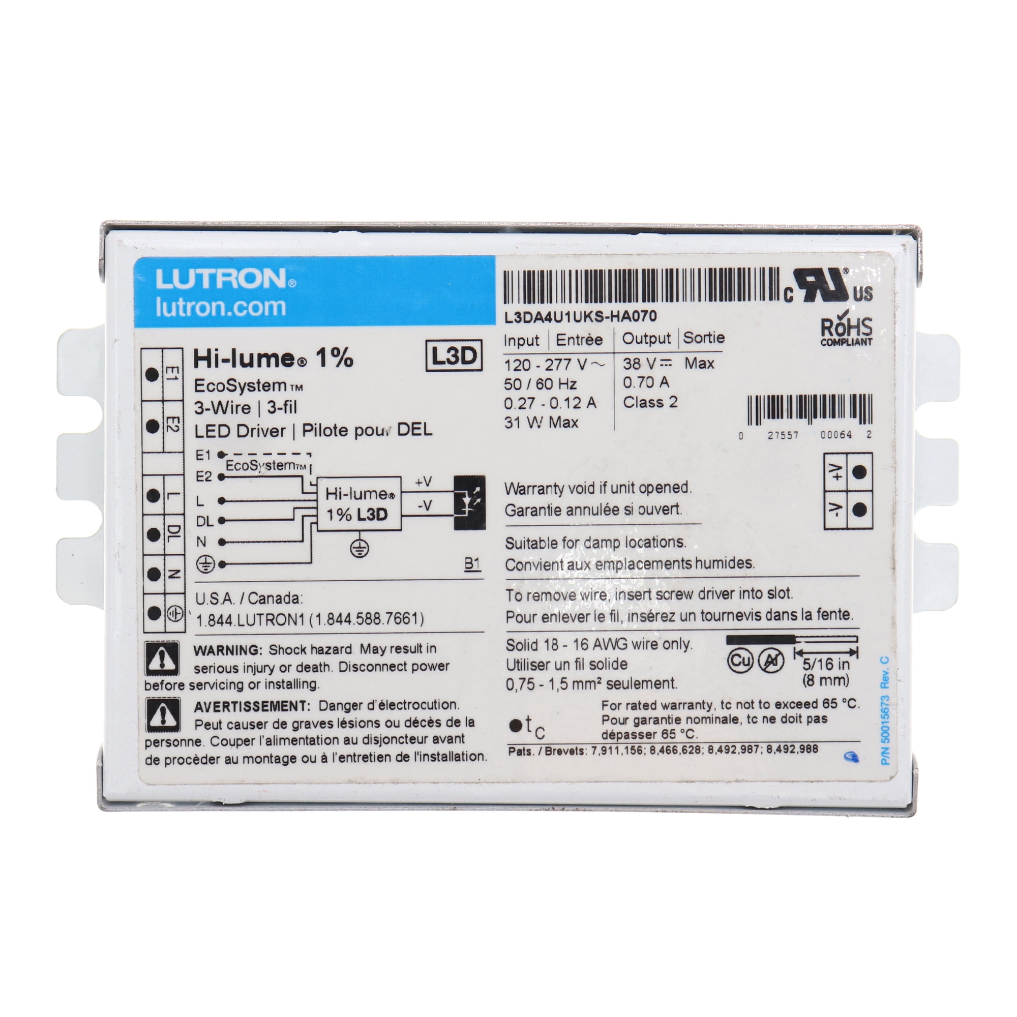 Lutron L3DA4U1UKS-HA070 Hi-lume 1% Dimming LED Driver, 700mA, 15-38Vdc, 31W, 120-277V - Walmart.com