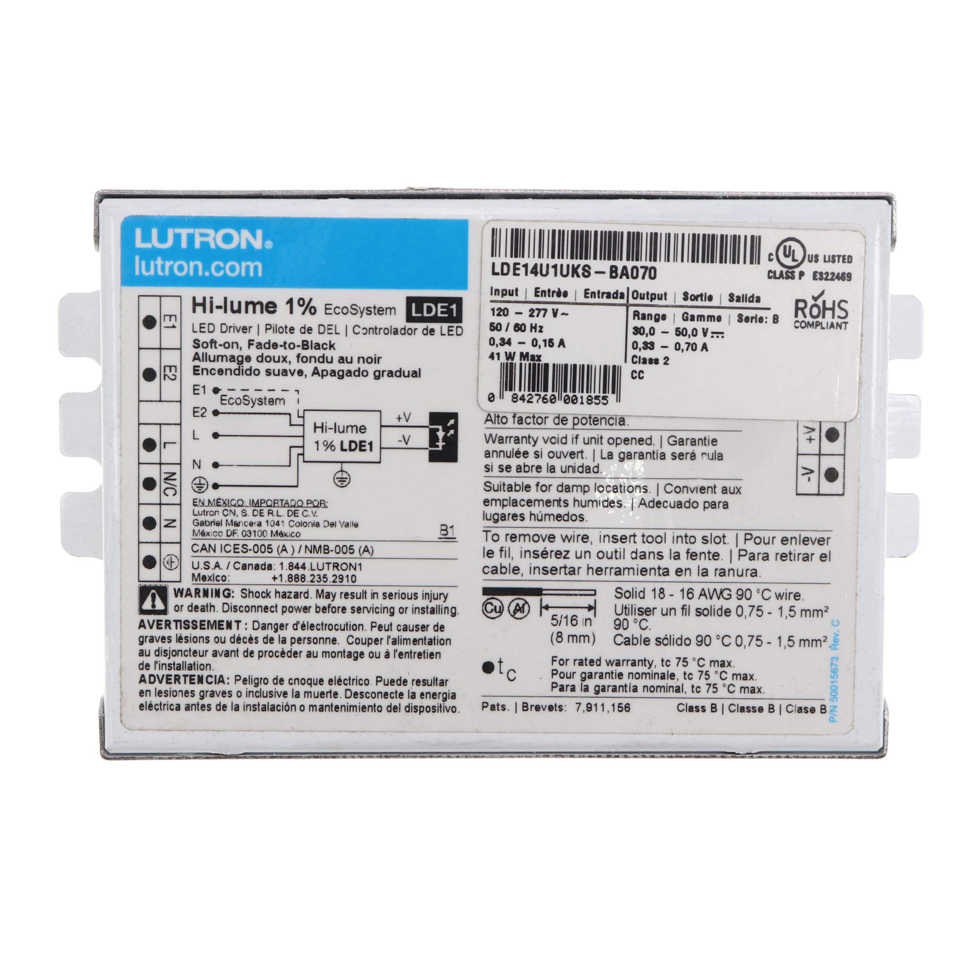 Lutron LDE14U1UKS-BA070 Hi-Lume LED Driver, Dimming, 41W, 30-50Vdc, 120/277V - Walmart.com