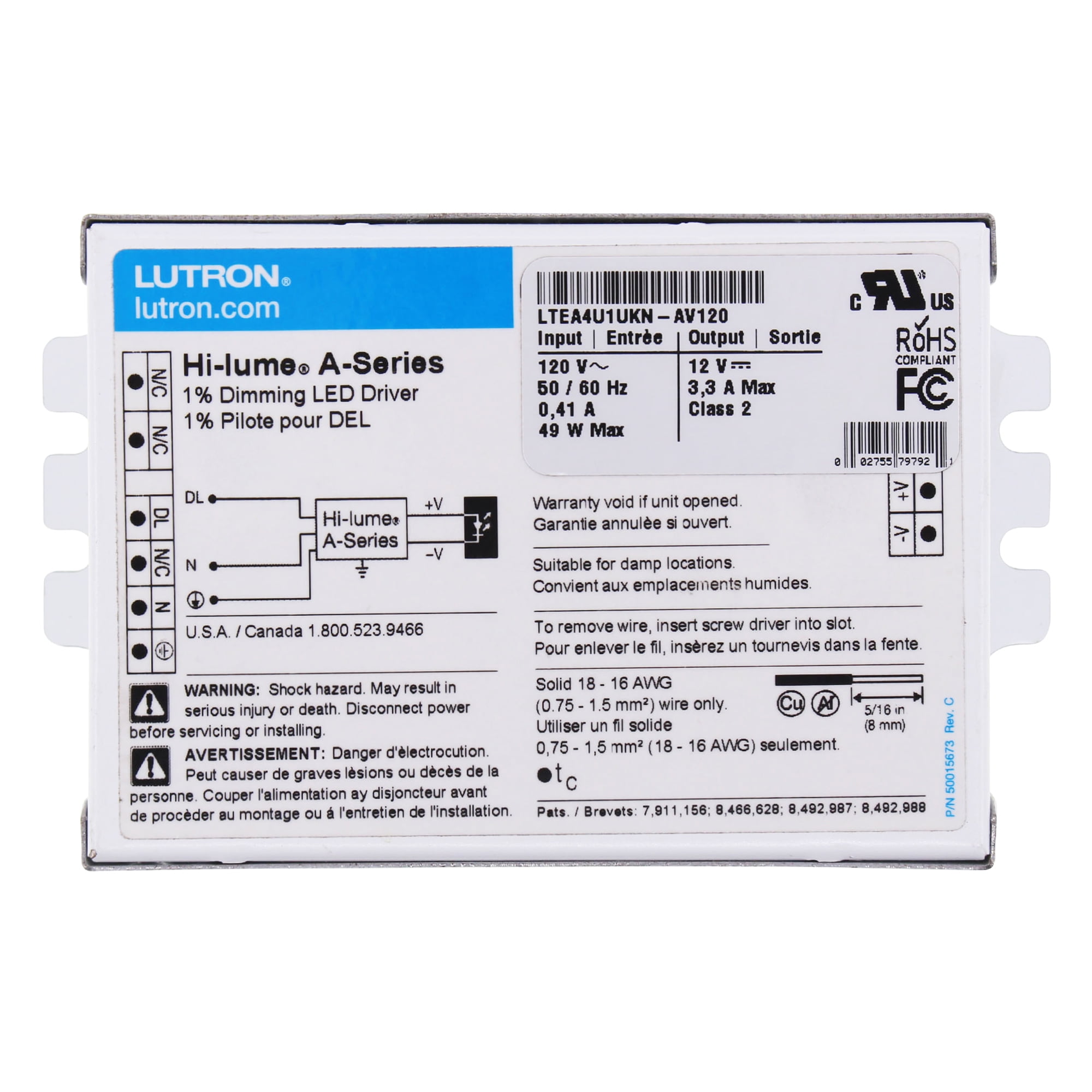Lutron LTEA4U1UKN-AV120 1% Dimming LED Driver, 3.30A, 12-Vdc, 49W, 120V ...