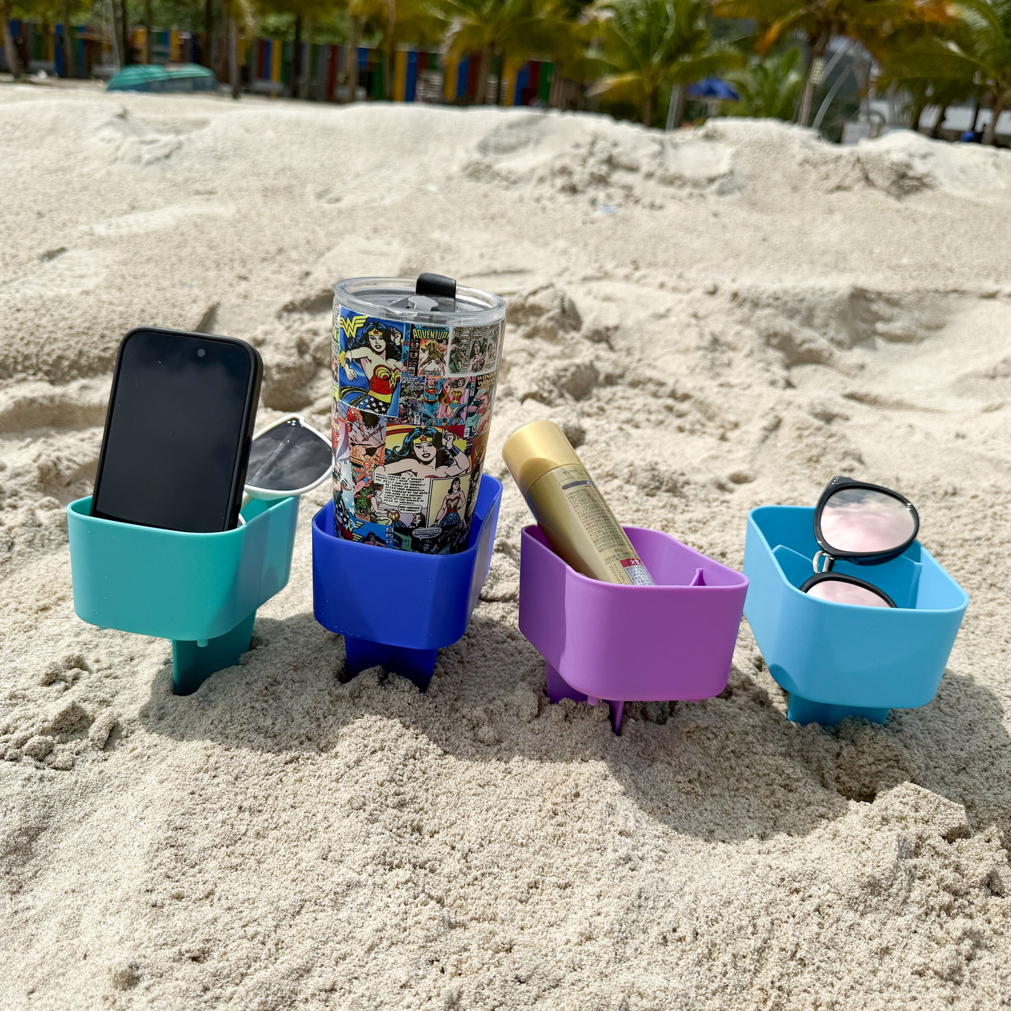 Luuzuu Beach Sand Cup Holder Beach Cup Holder with Pocket for Travel Multicolor 4 Pack Color ...