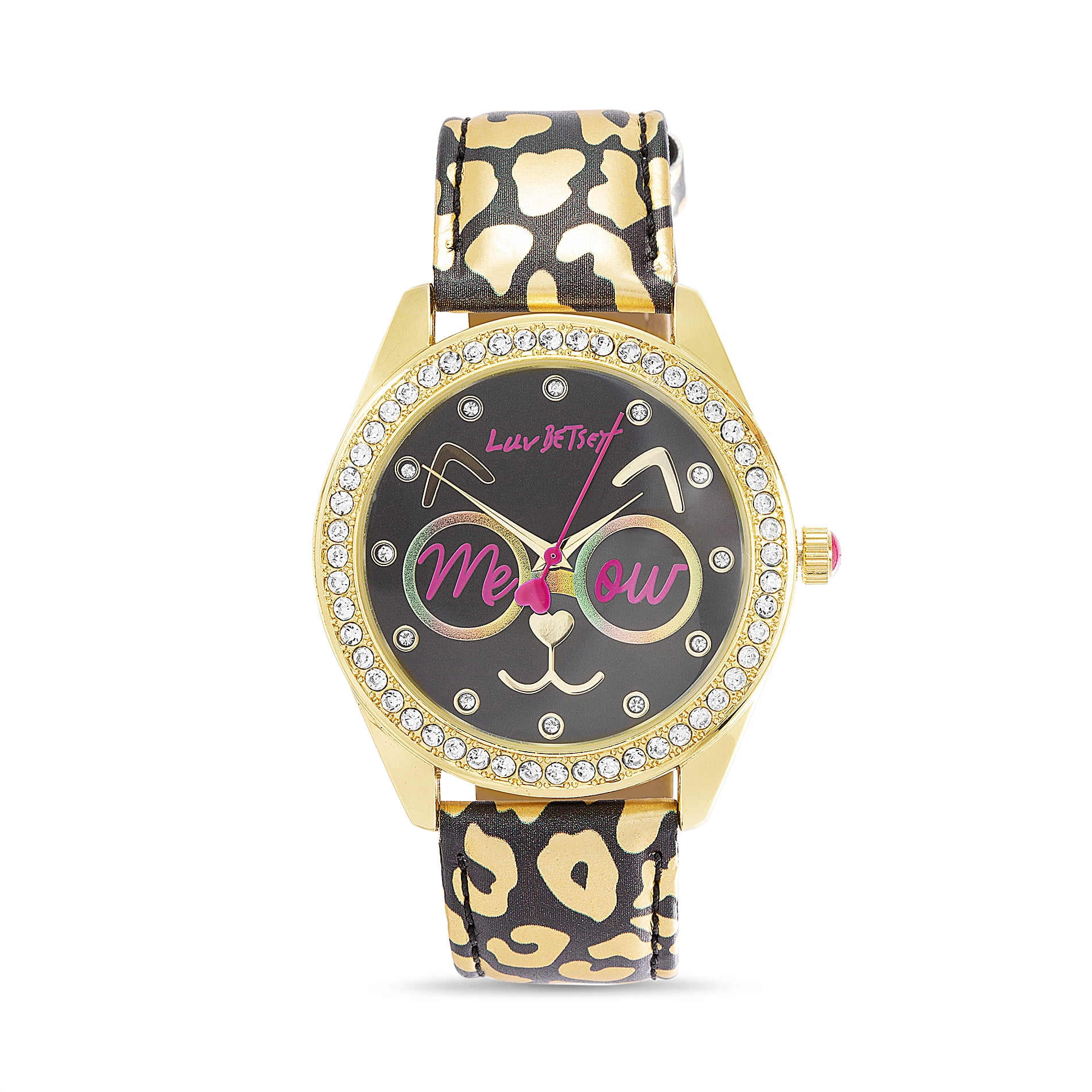 Luv Betsey Women's Kitty Black Dial with Gold Case and Black Glitter Strap Women's Watch ...
