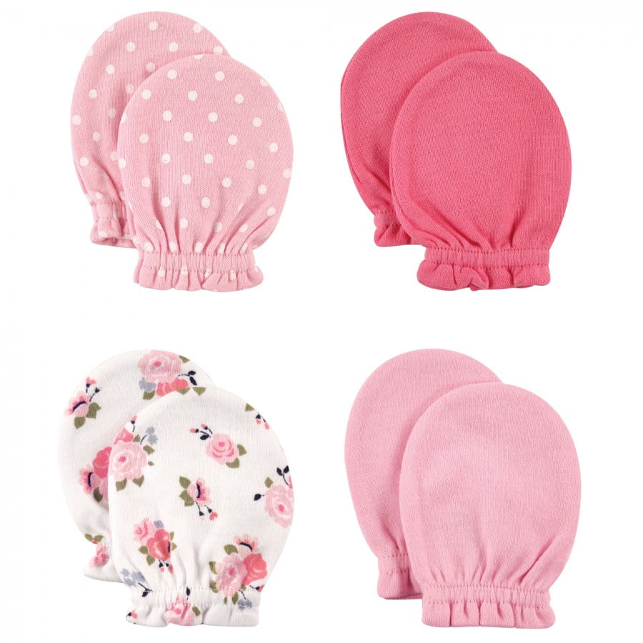 Luvable Friends Baby Girl Cotton Scratch Mittens 4pk, Floral Dot, One ...
