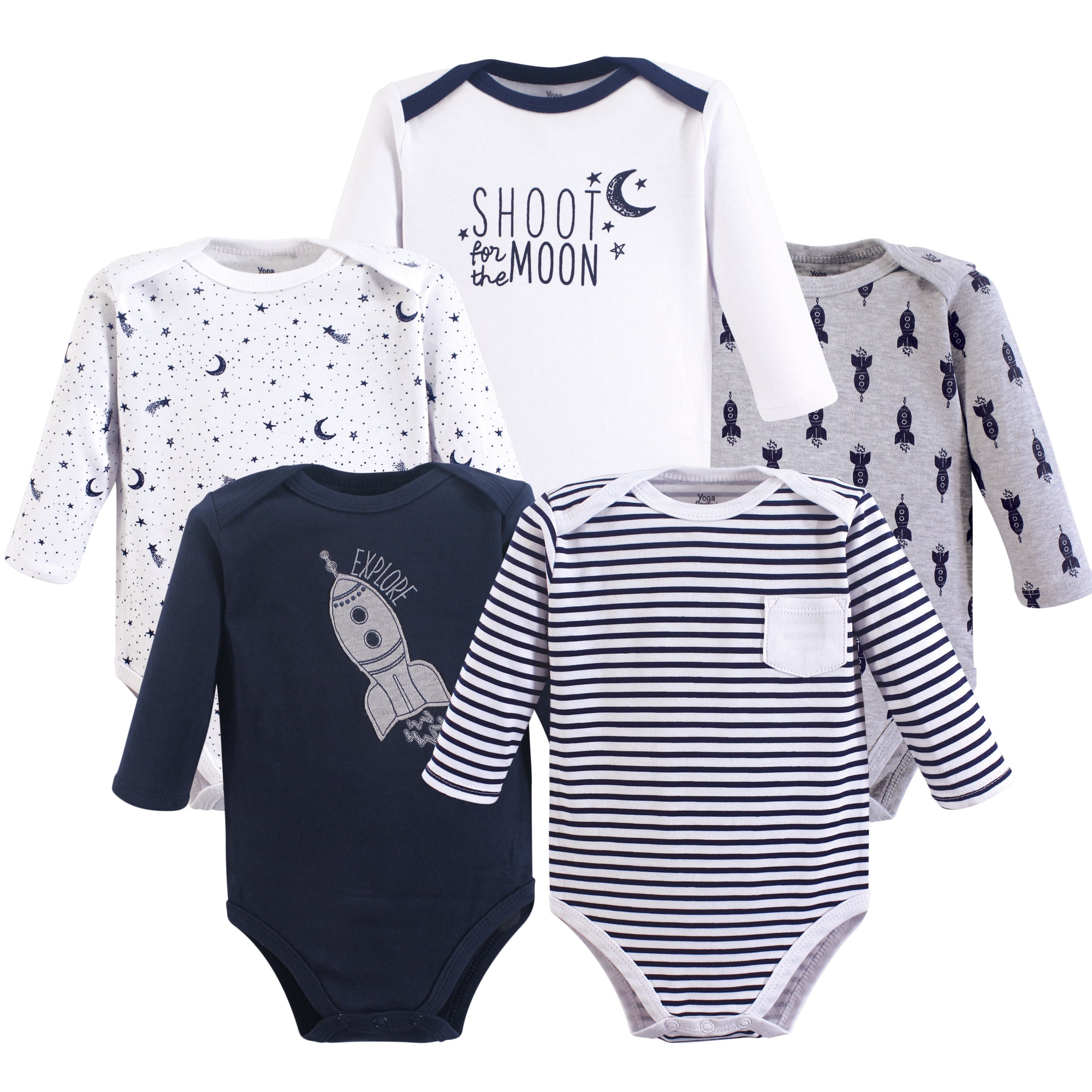 Luvable Friends Yoga Sprout Long-Sleeve Bodysuits 5pk, Blue Moon, 0-3M ...