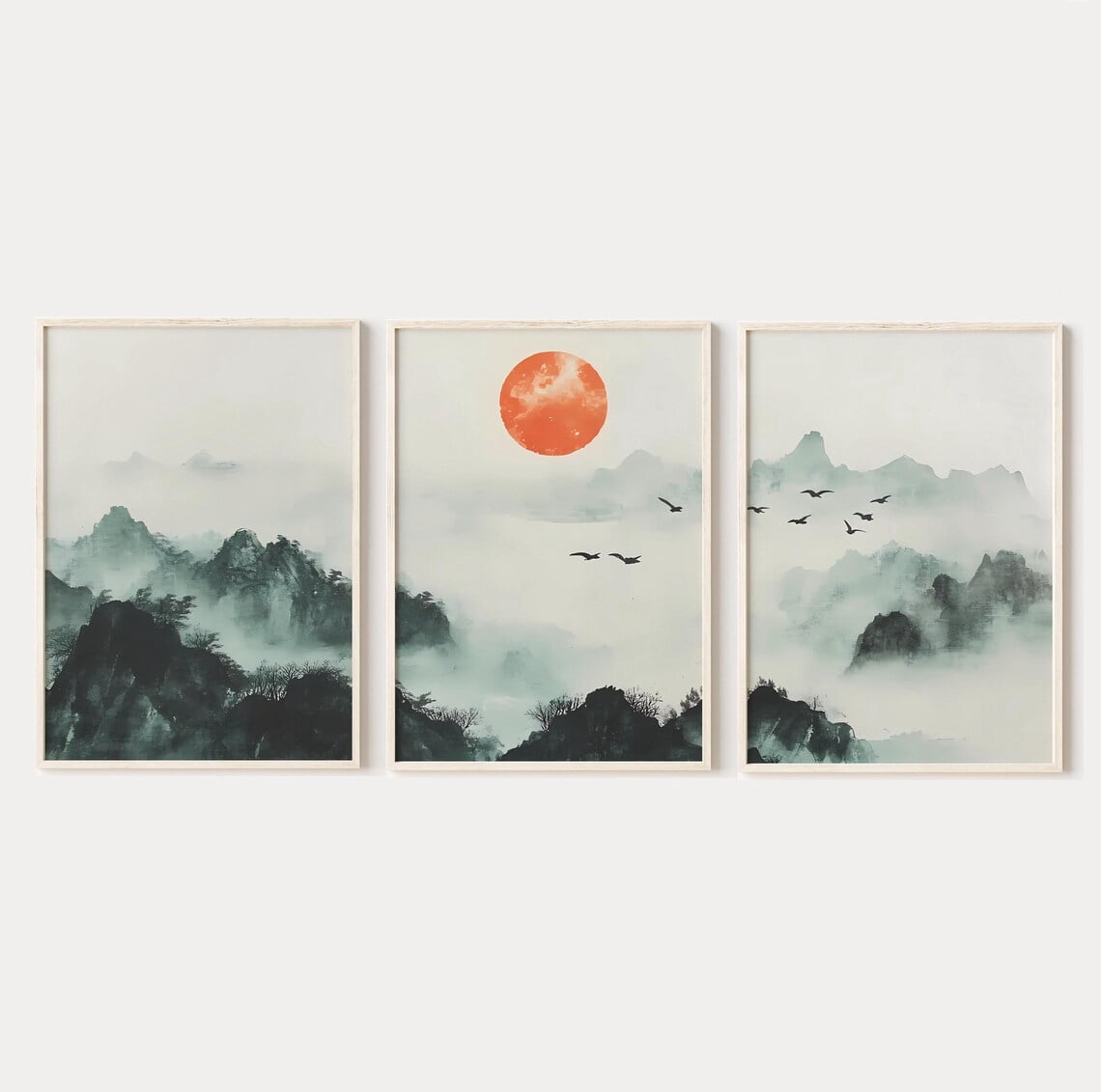 Luvia Abstract Japanese Landscape Tiptych Art, Foggy Mountains 3 Piece ...