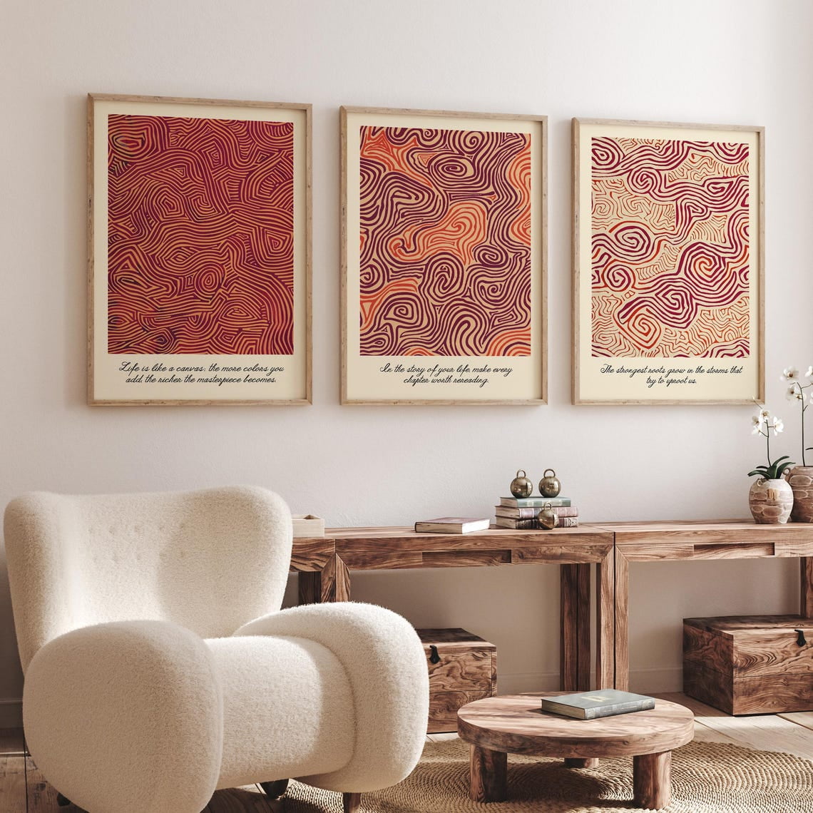 Luvia Abstract Line Prints - Set Of 3 Neutral Earth- Tones Geometric ...