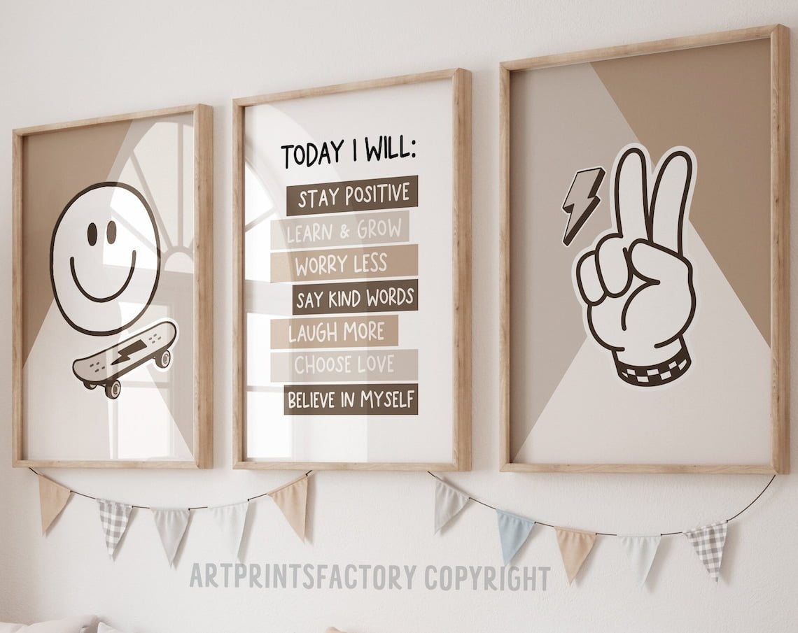 Luvia Affirmation Print, Boys Gallery Wall Set Of 3, Smiley, Peace ...