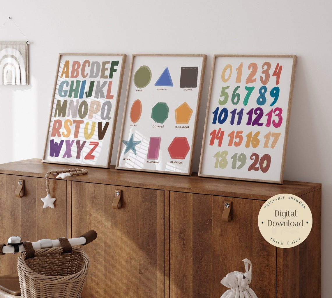 Luvia Alphabet Poster Set Of 3 Shapes And Numbers Abc Poster Nursery Abcd Chart Alphabet, Modern ...