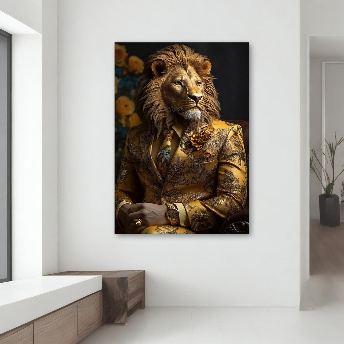 Luvia Boss Lion In Gold Suit Canvas Art - Majestic Office Wall Decor ...