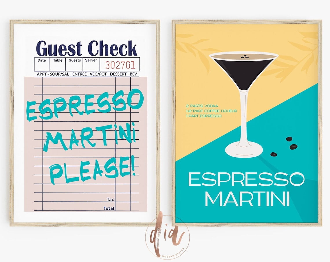 Luvia Cocktail Set, Espresso Marintin Poster, Guest Check Print, Preppy ...