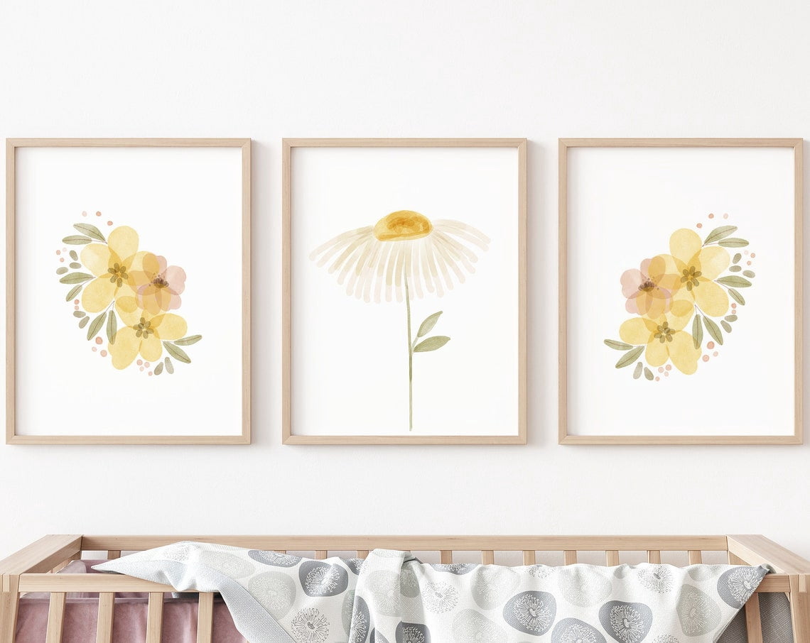 Luvia Daisies Art Set Of 3, Floral Nursery Art, Daisy Flower Poster ...
