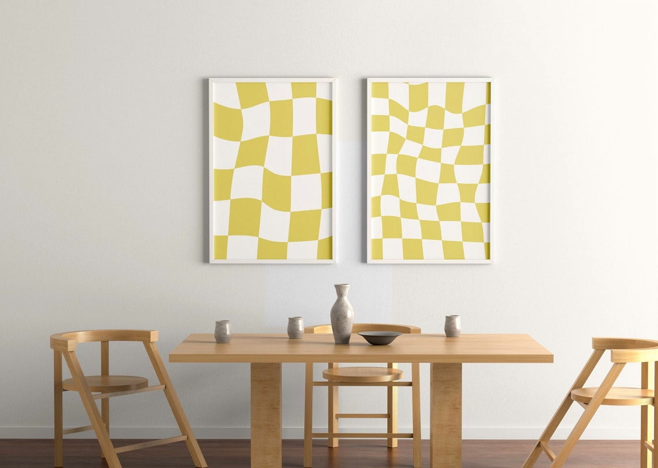 Luvia Funky Checkered Wavy Retro Art Mustard Yellow And White Trendy ...
