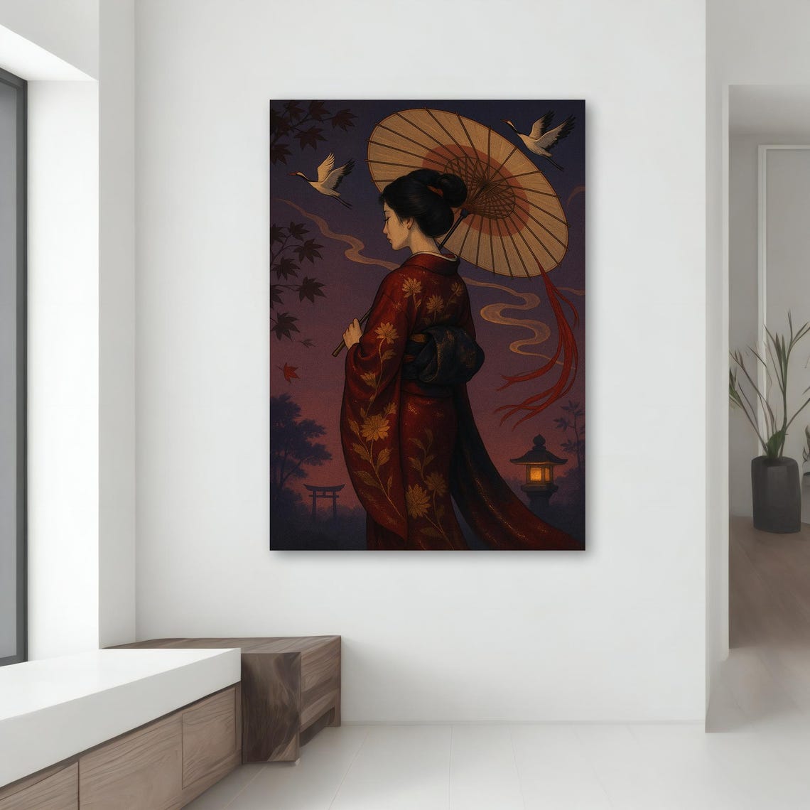 Luvia Japanese Geisha Canvas With Umbrella – Crimson Kimono Wall Art ...
