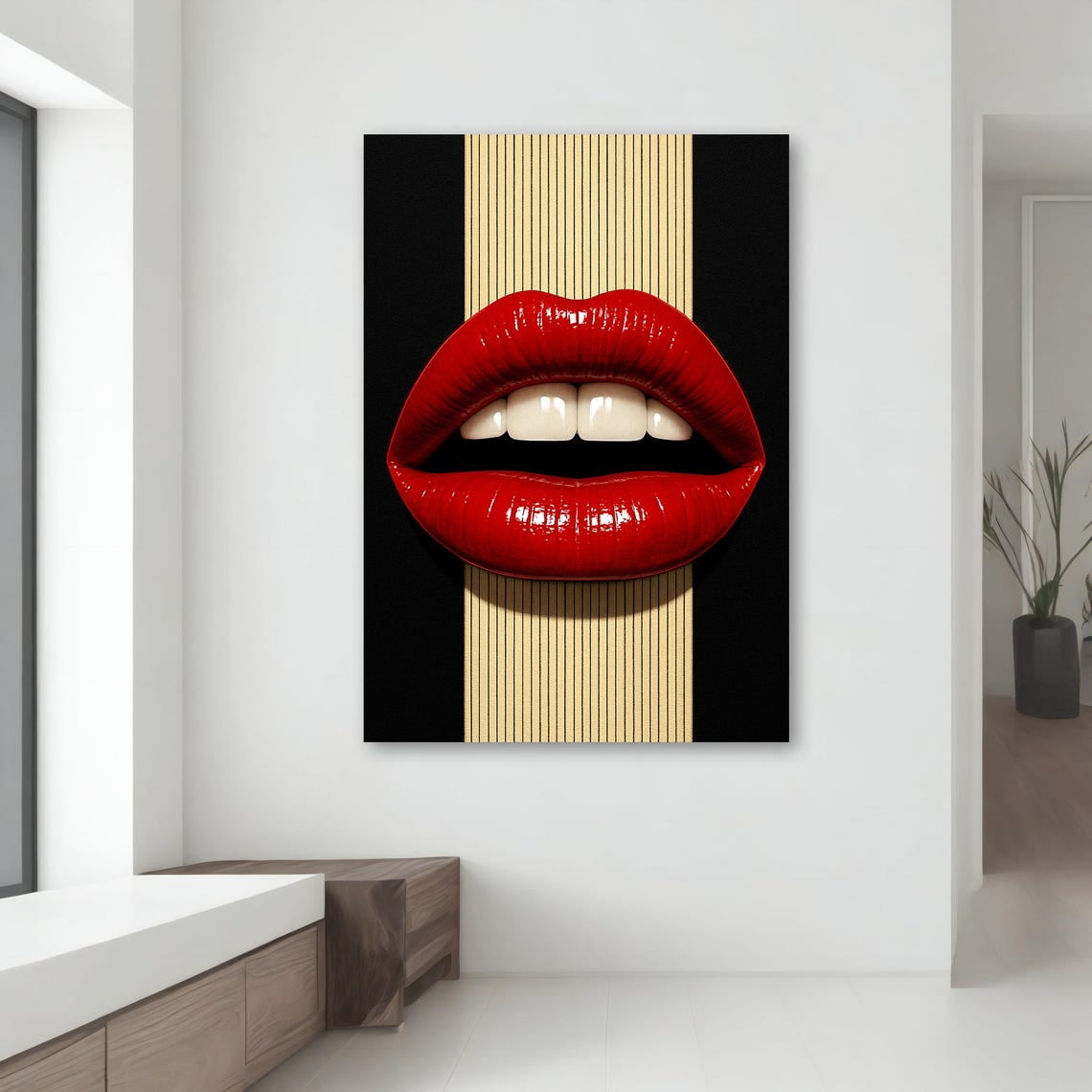 Luvia Minimalist Red Lips Canvas Bold Mouth Art Gold Stripes Modern Pop ...