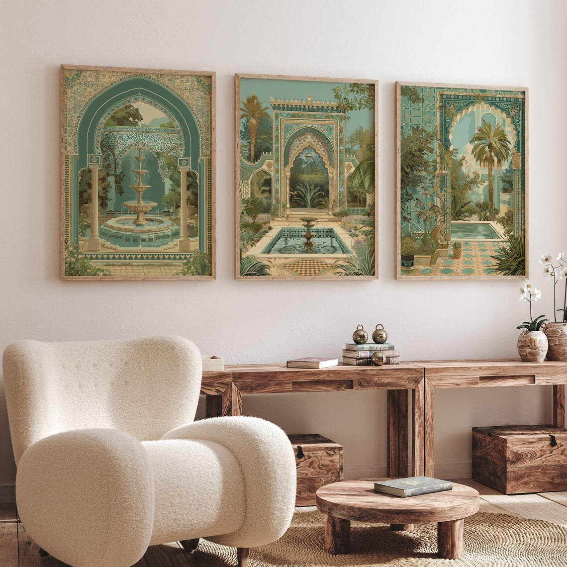 Luvia Moroccan Courtyard - Set Of 3 Posters Fountains And Arches Art ...