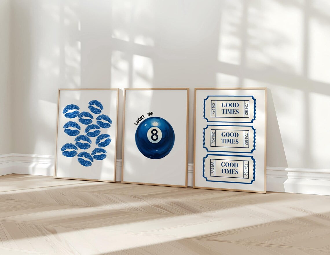 Luvia Navy Set, 70S Retro 8 Ball Poster, Blue Cherry Print, Trendy ...