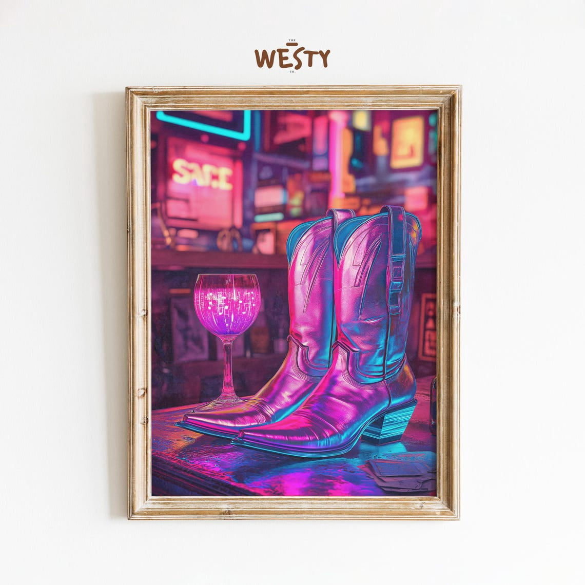 Luvia Neon Nights Poster, Retro Western Wall Art with Cowboy Boots Bar ...