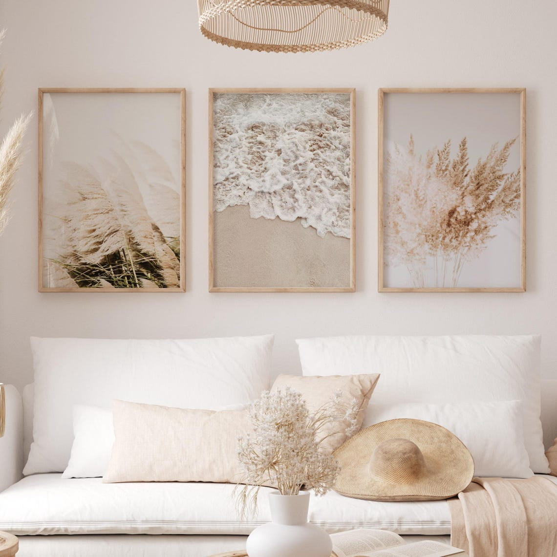 Luvia Neutral Boho Gallery Set Of 3 Boho Pampas Posters, Pastel Beige ...