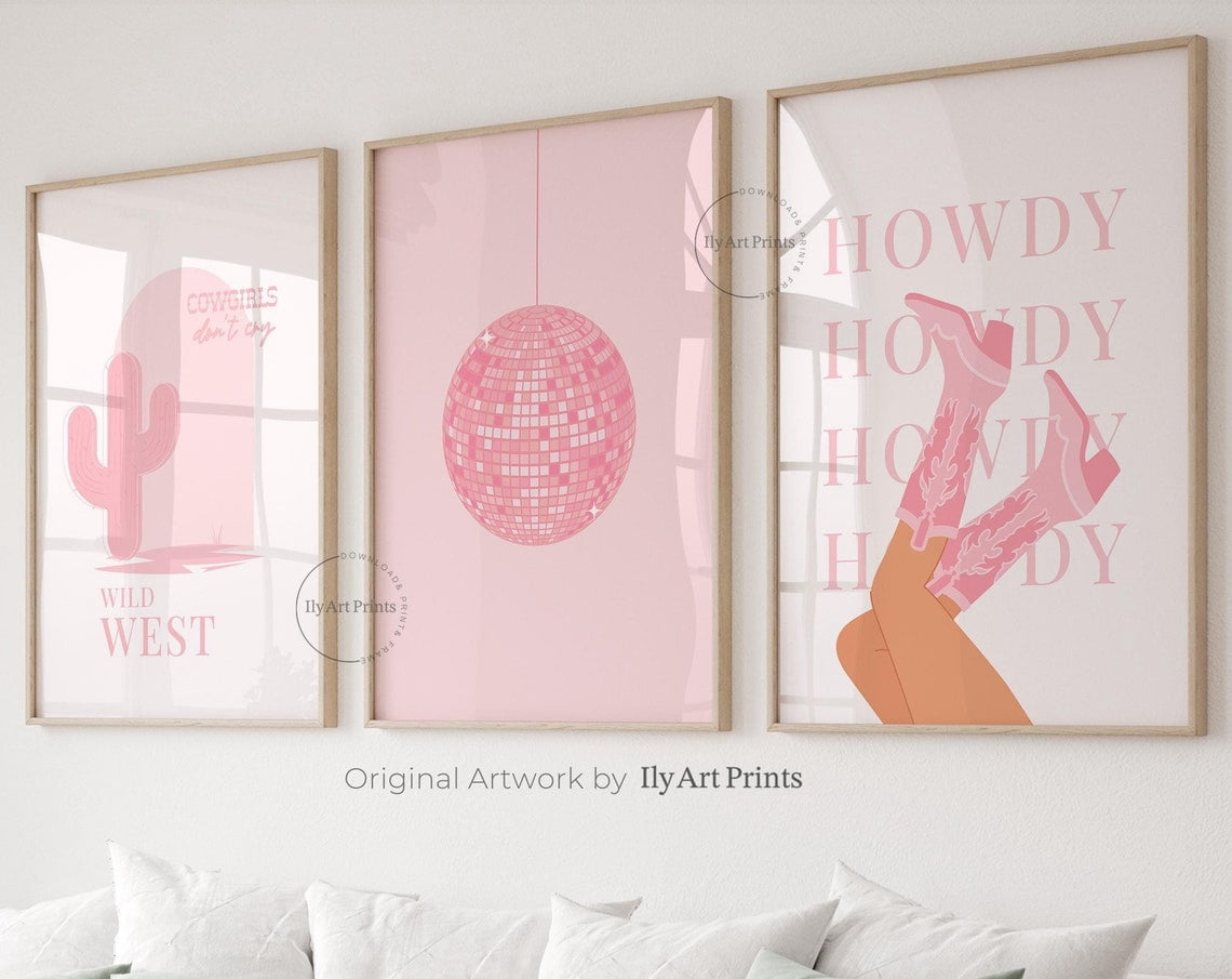 Luvia Pink Coastal Disco Cowgirl Set Of 3, Trendy Preppy, Wild West Art ...