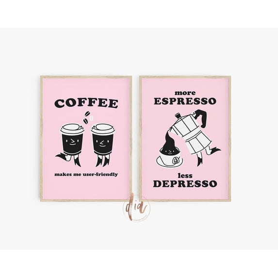 Luvia Retro Coffee Poster Set, Pink Kitchen Print, Coffee Quote, 70S ...