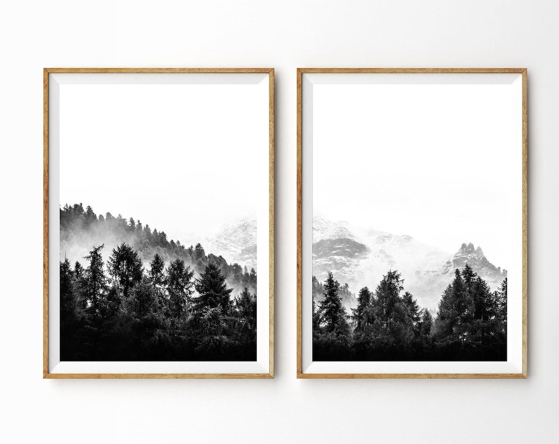 Luvia Set Of 2 Mountain Prints Forest Black And White Art Nordic ...