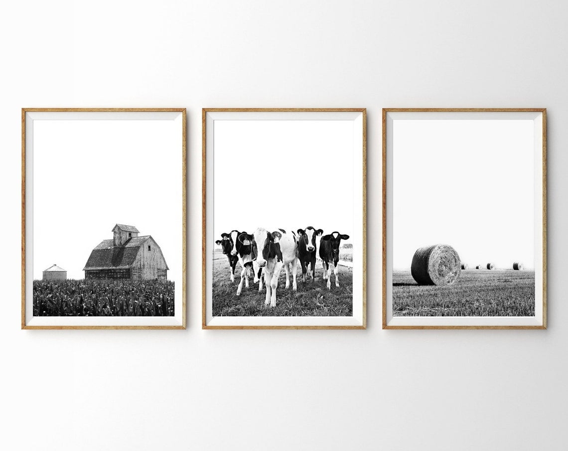 Luvia Set Of 3 Farm Prints Cows Barn Hay Modern Farmhouse Decor Black ...