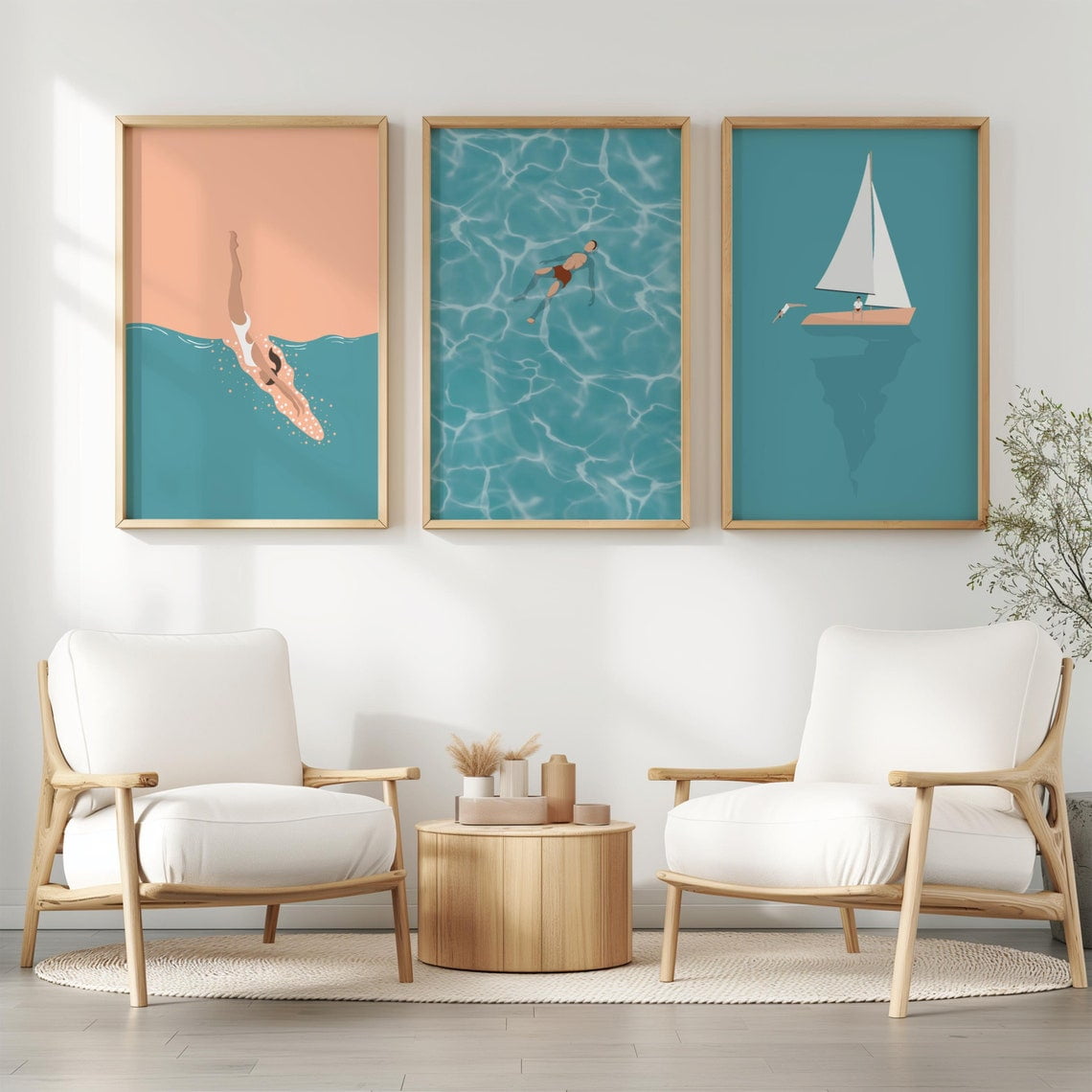 Luvia Set Of 3 Minimalist Diver Posters, Triptych Beach Poster ...