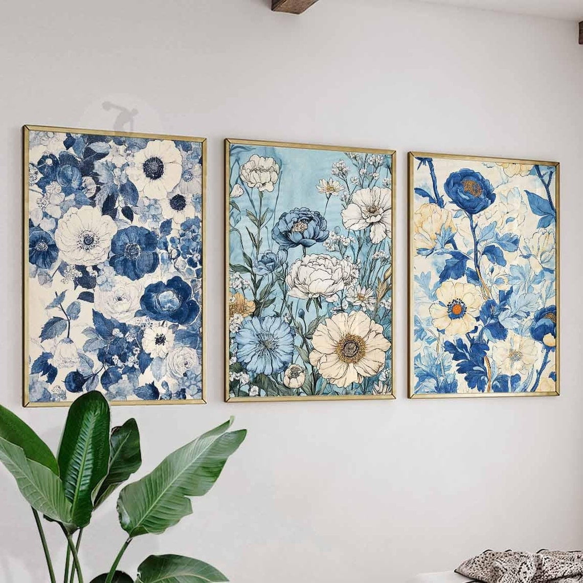 Luvia Set Of 3 Posters, Blue Posters, Botanical Decor, Floral Art ...