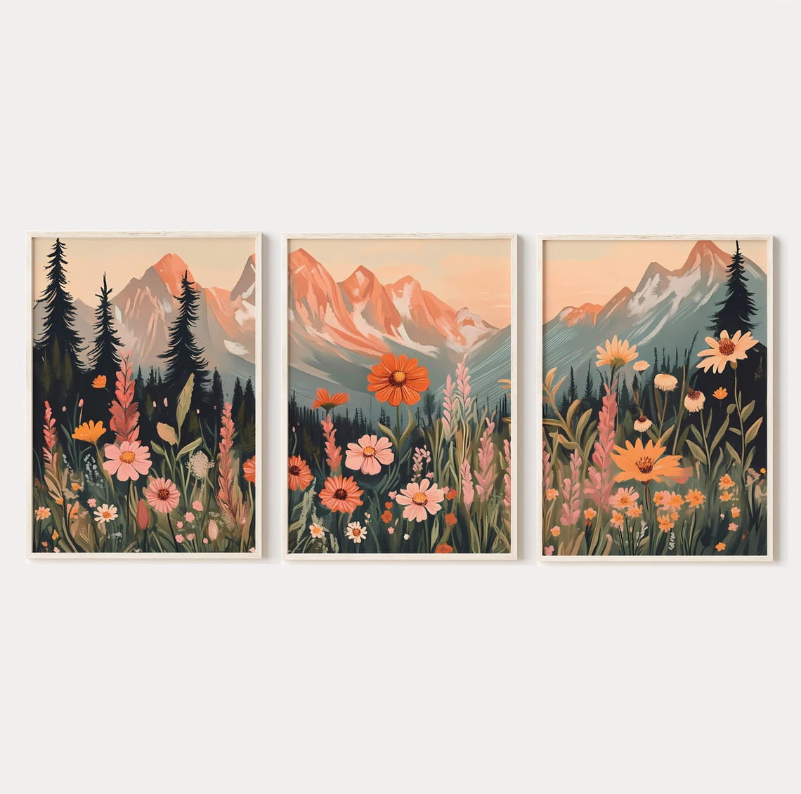 Luvia Set Of 3 Wildflowers Mountain Landscape Muted Colors Colorful ...