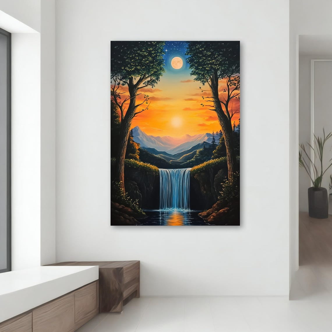 Luvia Sunset Waterfall Canvas Art - Majestic Nature Landscape, Relaxing ...